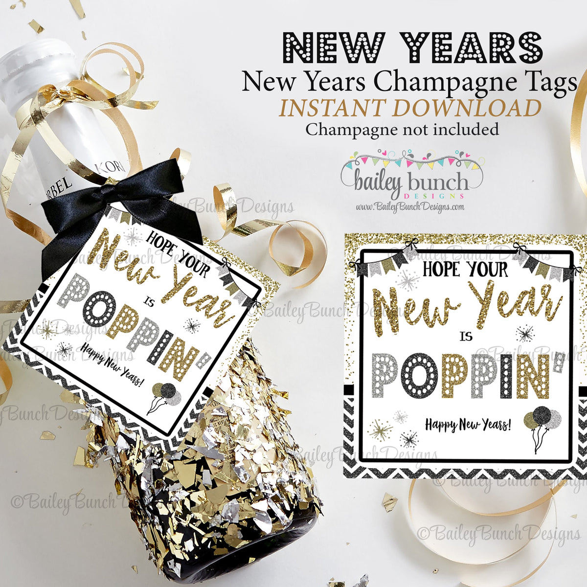 New Years Pop It Champagne Gift Tags, New Year Gift Labels, Happy New ...