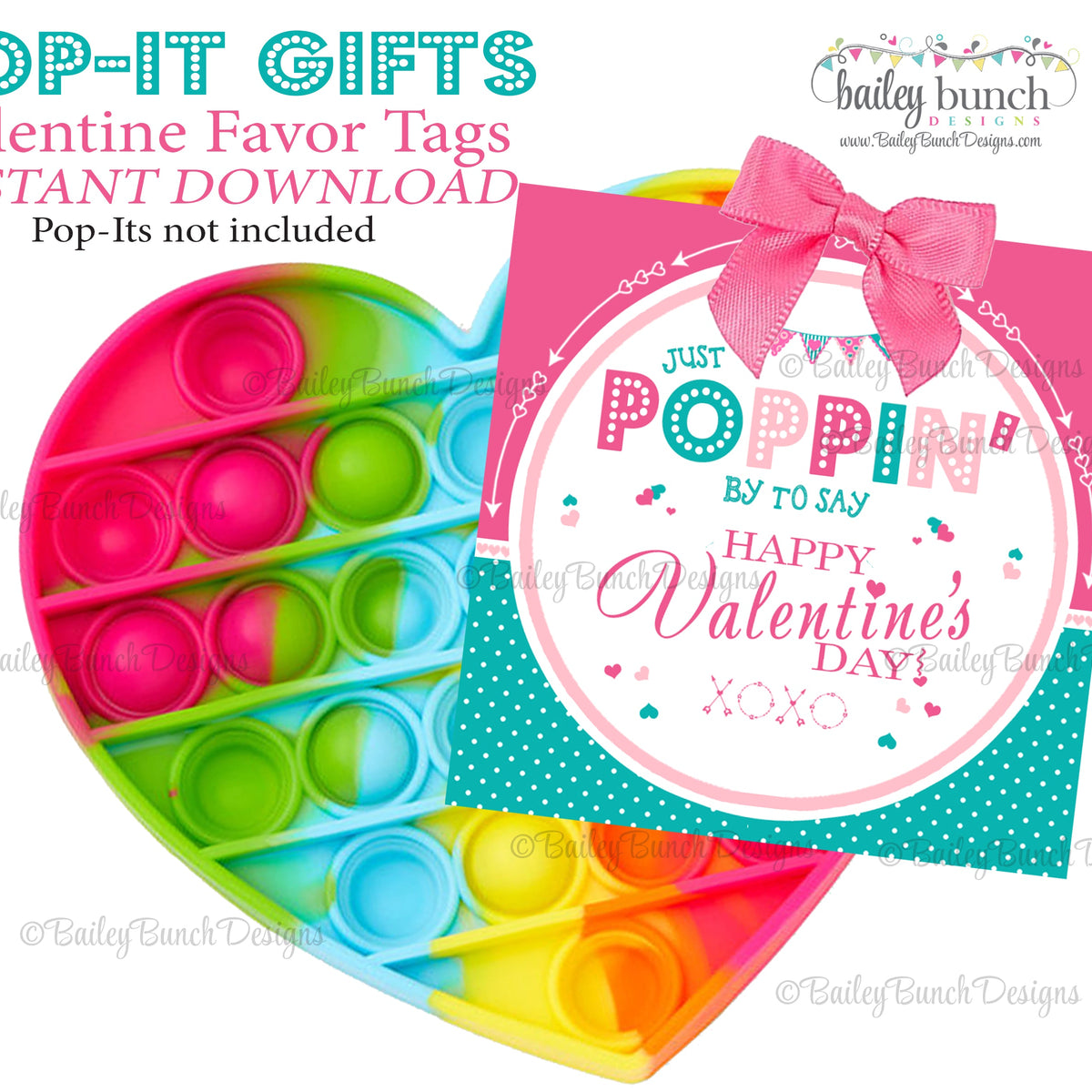 Valentine Pop It Fidget Gift Tags Pink Poppin' By to Say Happy Valenti ...