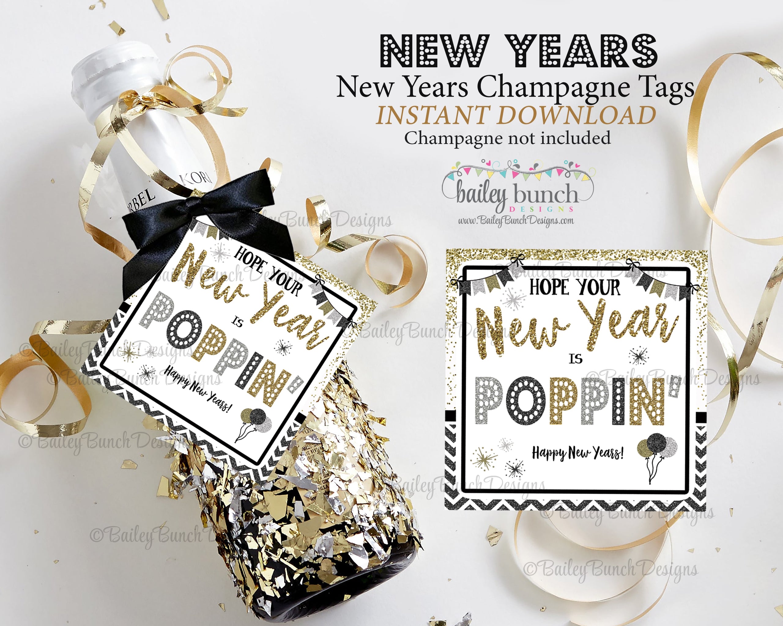 New Years Pop It Champagne Gift Tags, New Year Gift Labels, Happy New ...