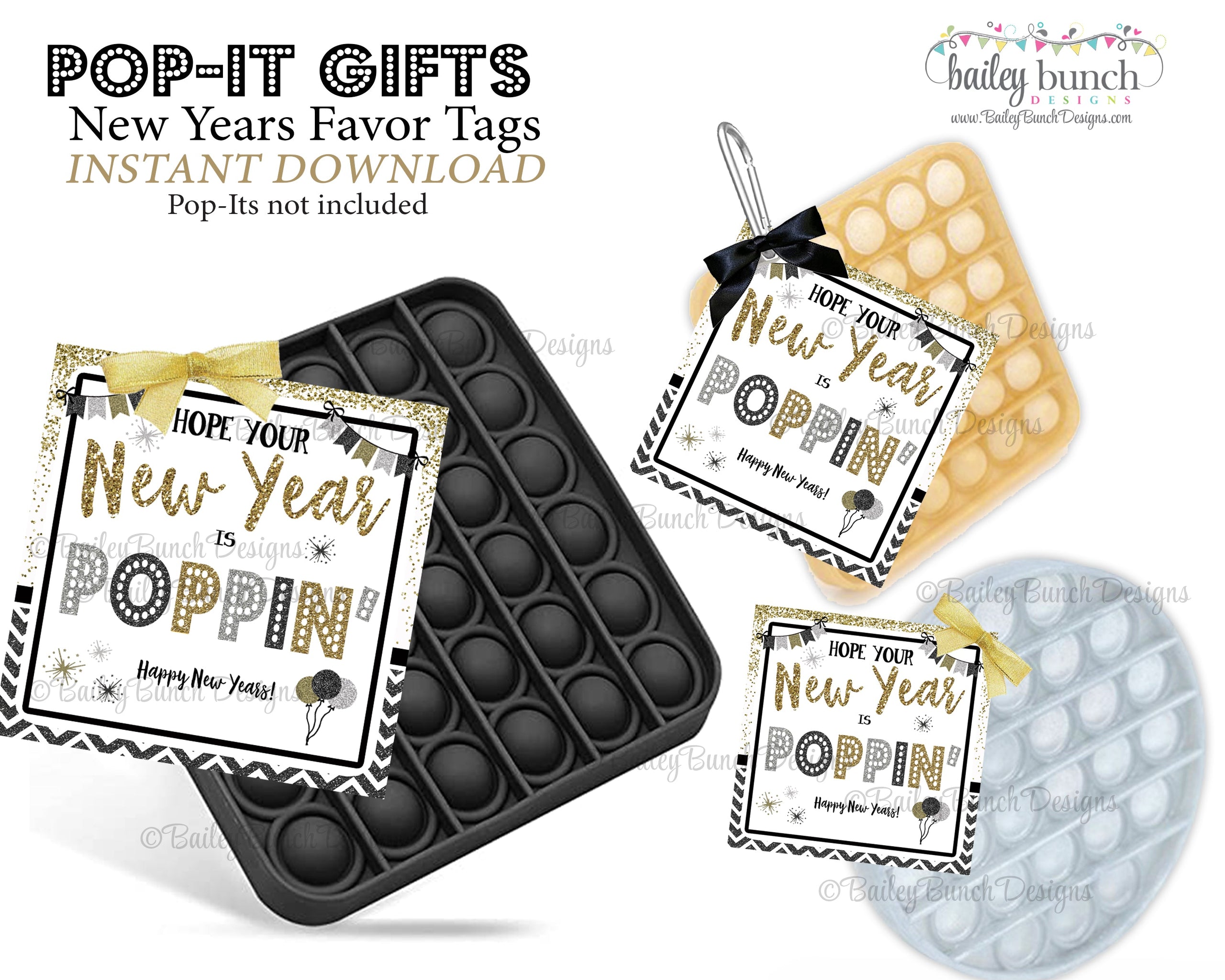 New Years Pop It Champagne Gift Tags, New Year Gift Labels, Happy New ...