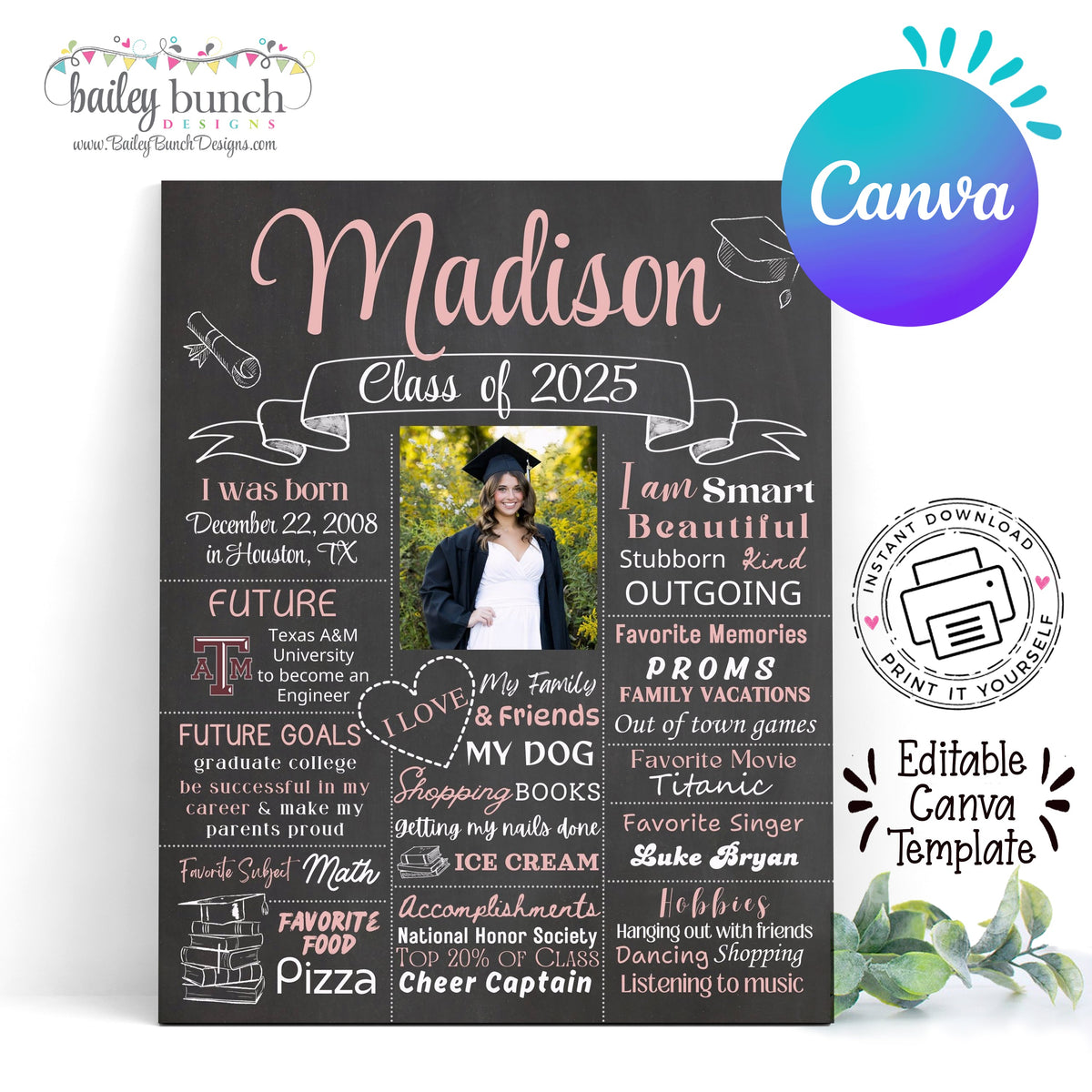 Graduation Sign Editable Canva Template, Grad PHOTO Chalkboard, Class ...