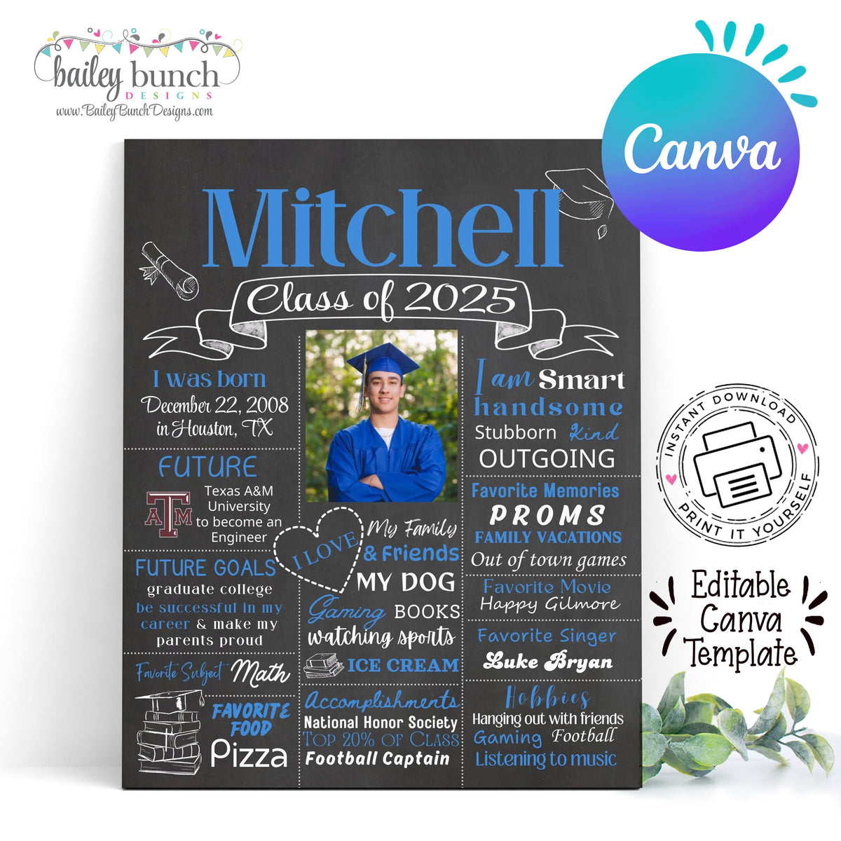 Graduation Sign Editable Canva Template, Grad PHOTO Chalkboard, Class ...
