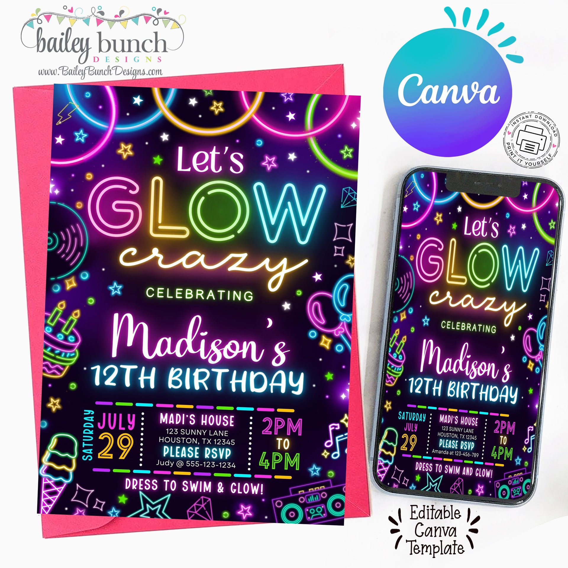 Glow Crazy Birthday Party Invitation Template GLOWIN0520 – Bailey Bunch ...