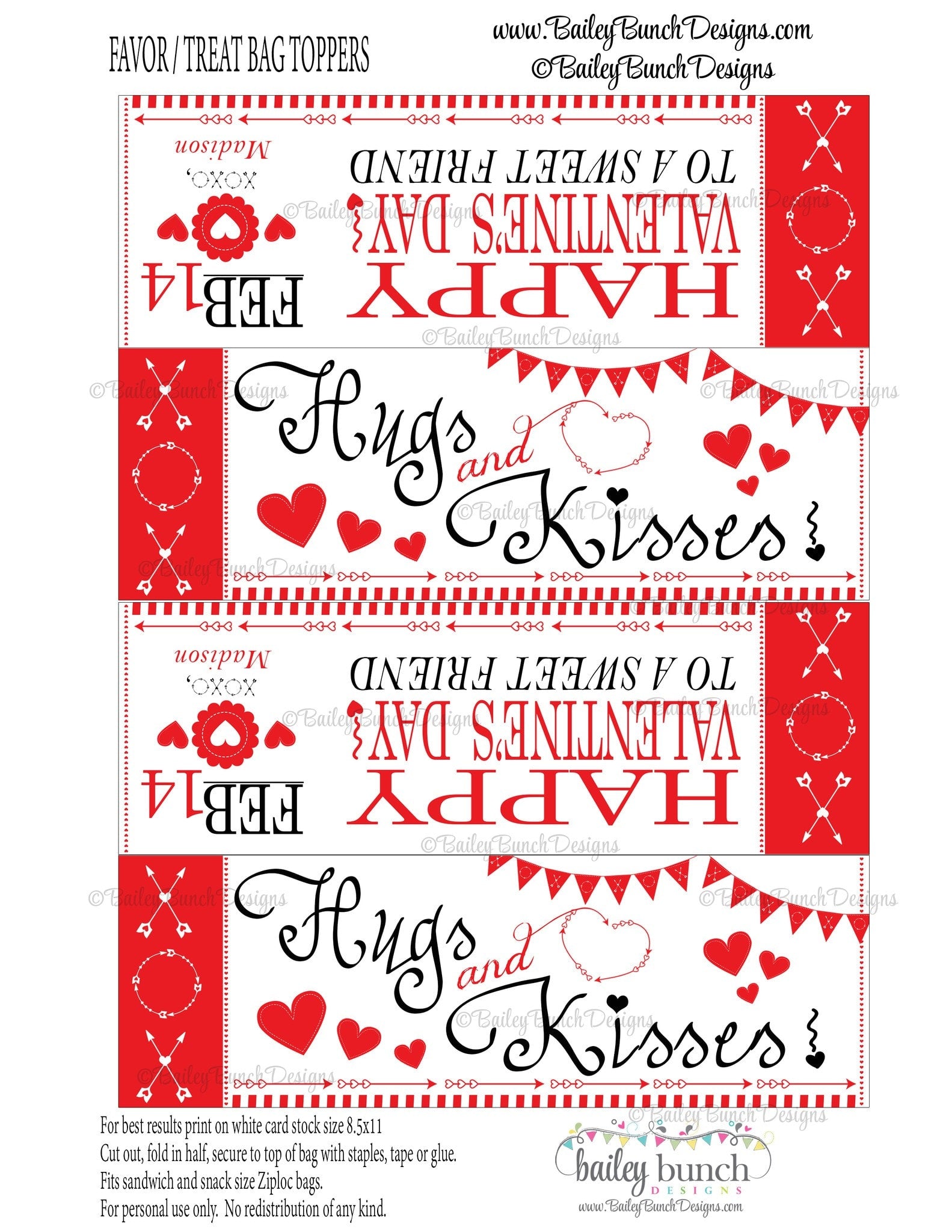 Hugs & Kisses Bag Toppers, Valentines VDAYKISS0520 – Bailey Bunch Designs