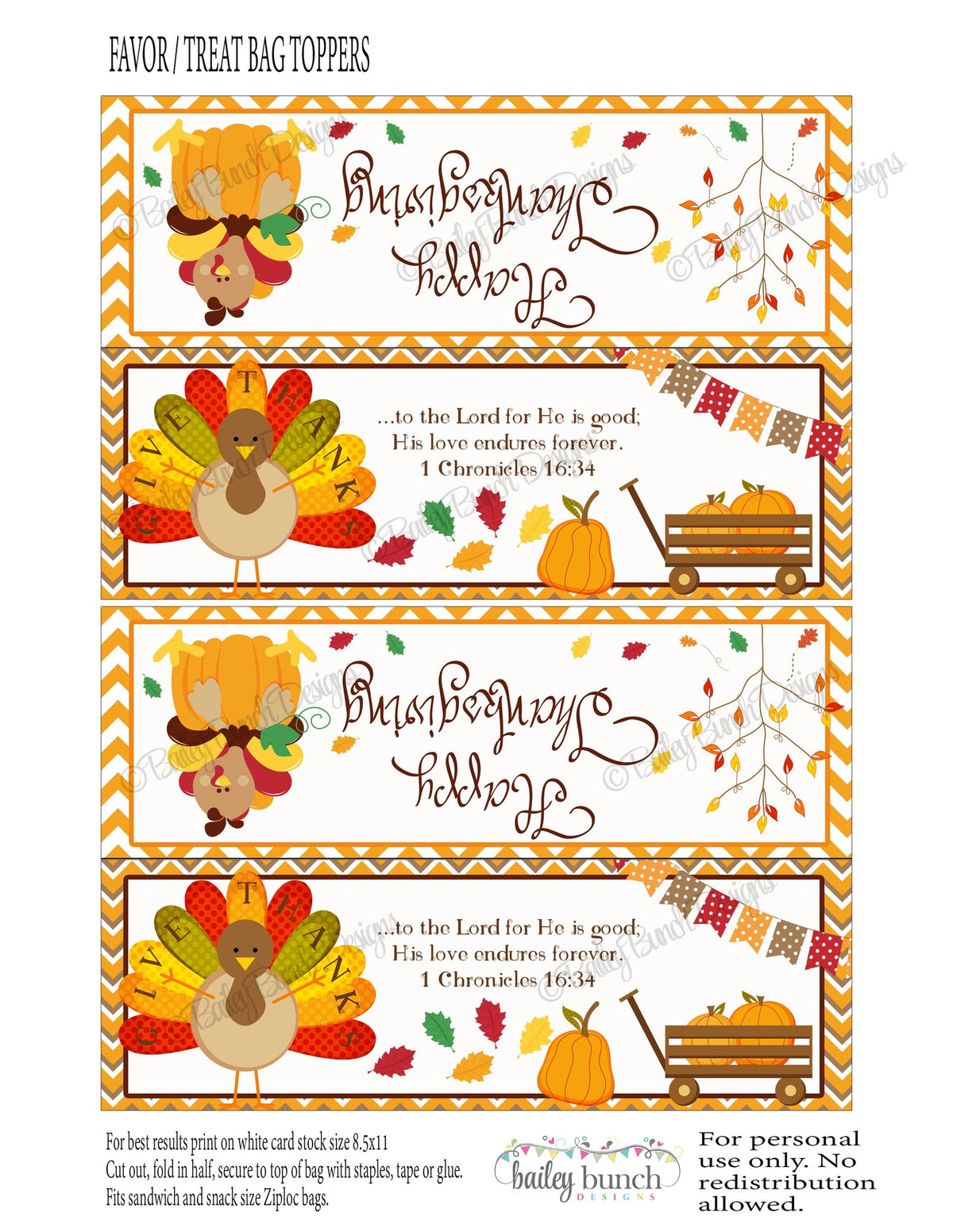 Thanksgiving Give Thanks Treat Bags, Thanksgiving Toppers, Happy Thank ...