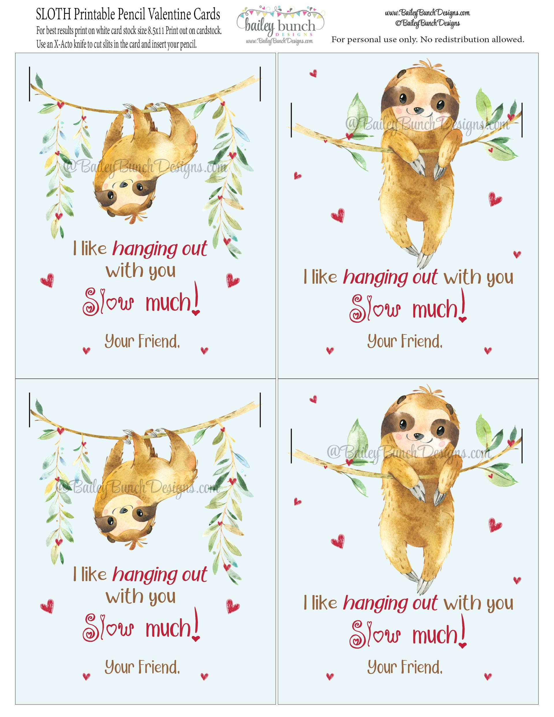 SLOTH Pencil Valentines, I like hanging out with you SLOW much IDVDAYS ...