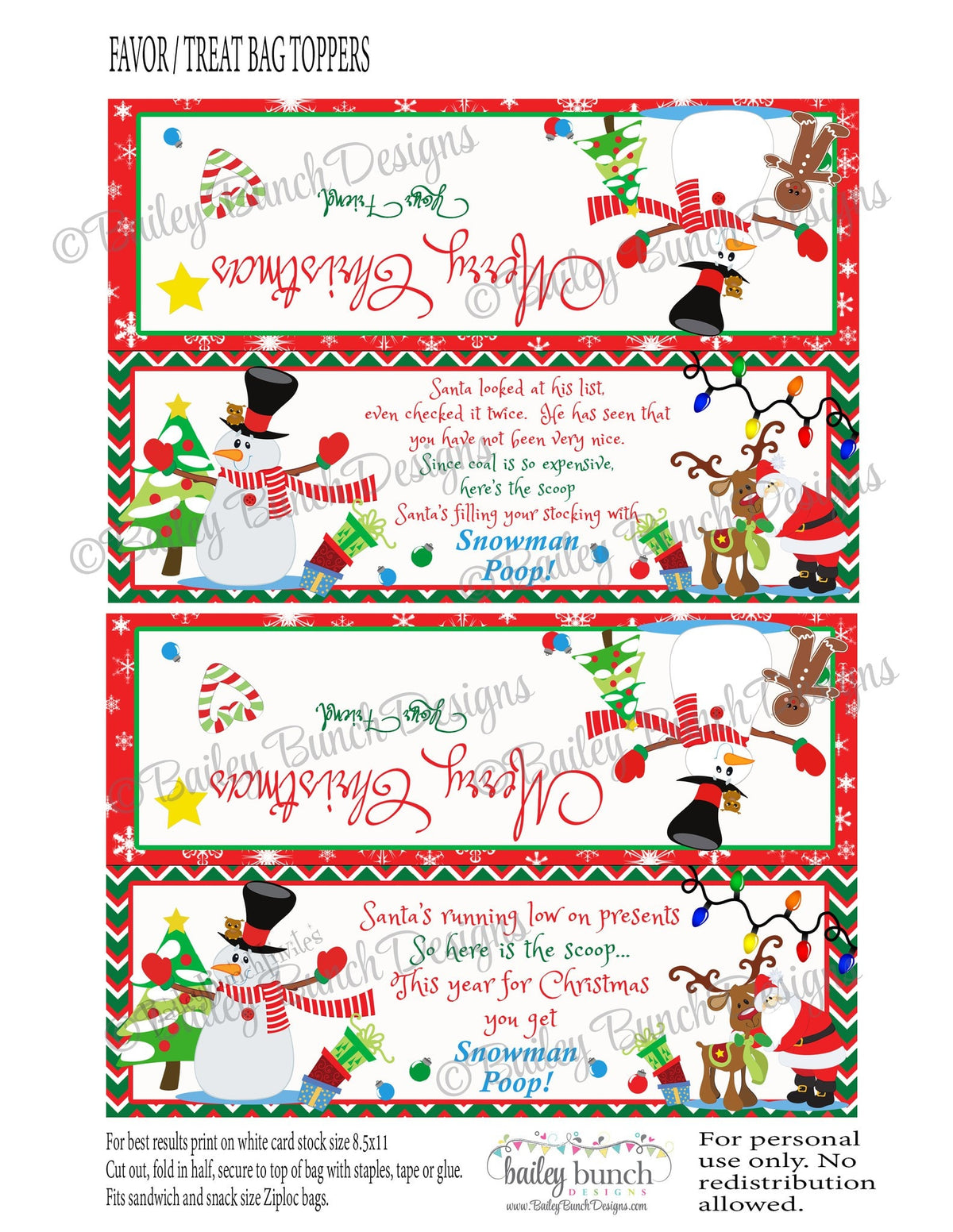 Snowman Poop Treat Bags, Christmas Toppers IDSNOWMAN0520 – Bailey Bunch ...