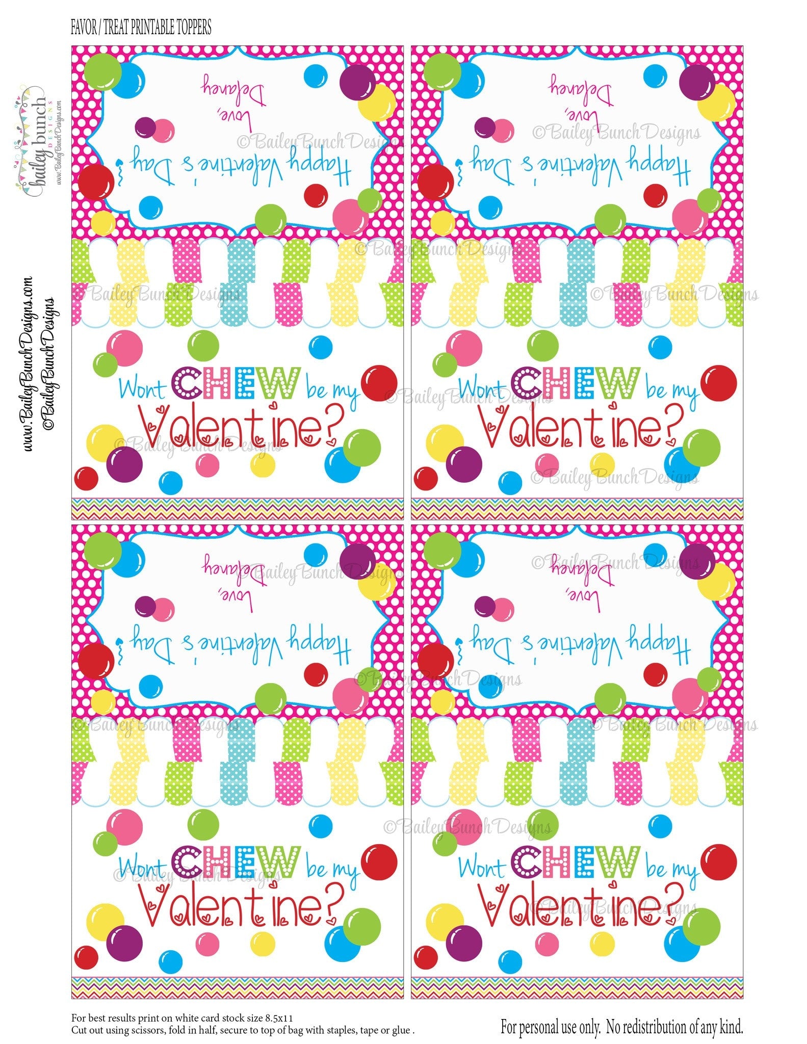 Wont CHEW be my Valentine Treat Tags, Valentines VDAYCHEWS0520 – Bailey ...