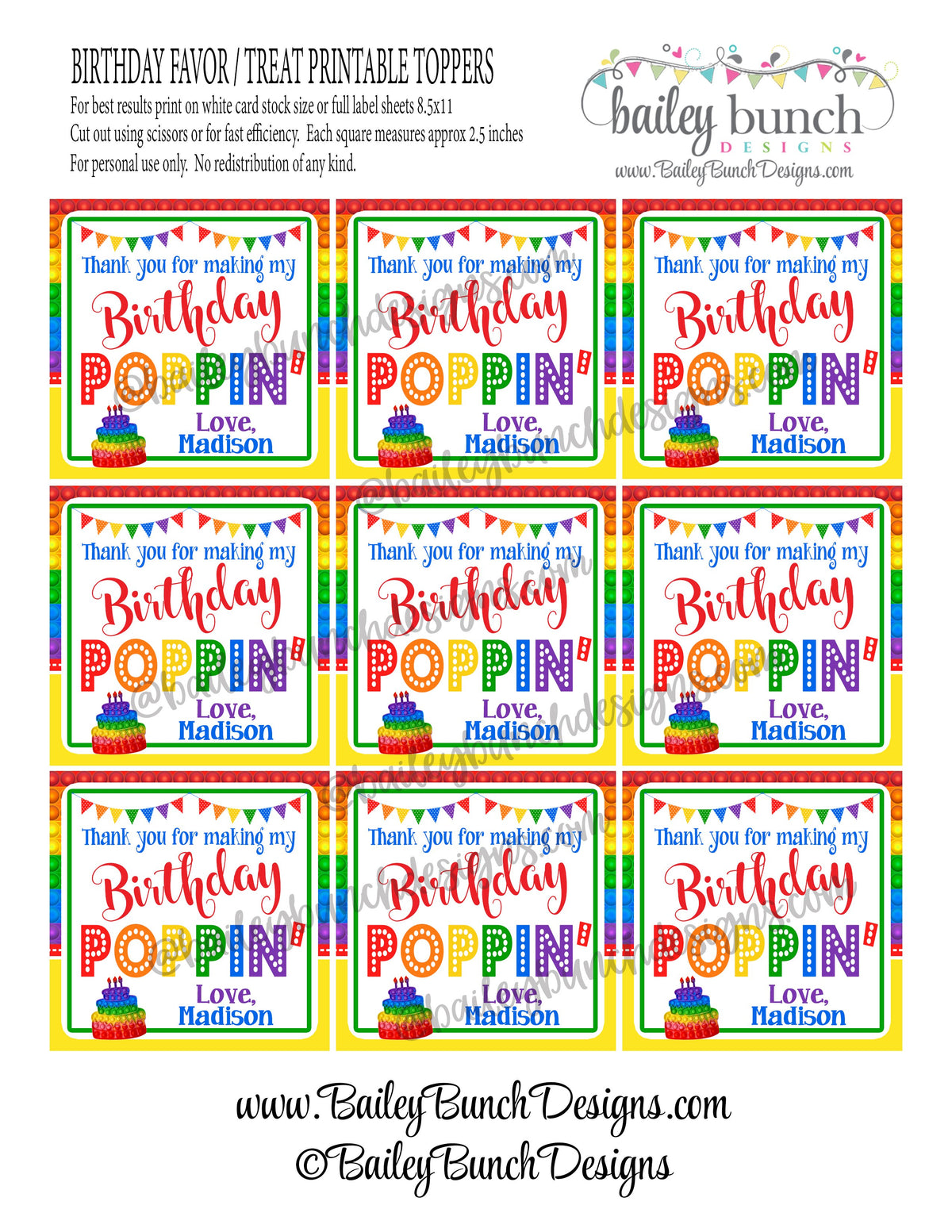 Birthday Party Pop It Fidget Gift Tags Squares - PERSONALIZED - POPITS ...