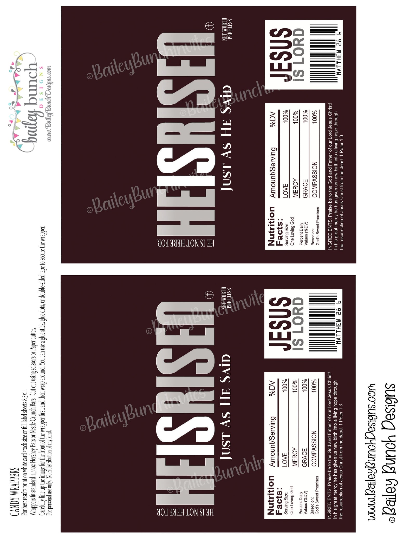 Easter He is Risen Candy Bar Wrapper IDEASTERCANDYBAR0520 – Bailey ...