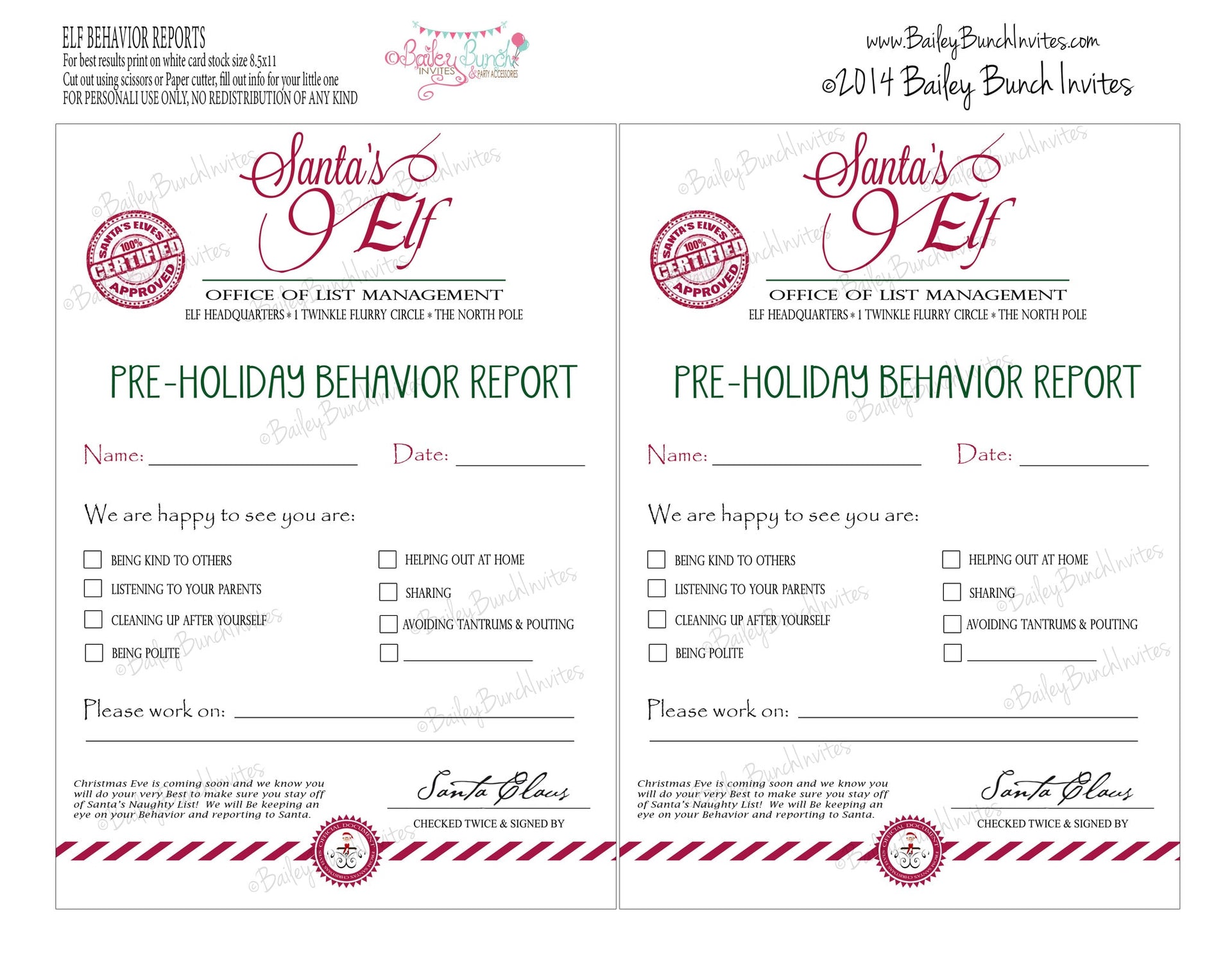 Elf Printables, Christmas Elf, nice list, naughty list, behavior repor ...