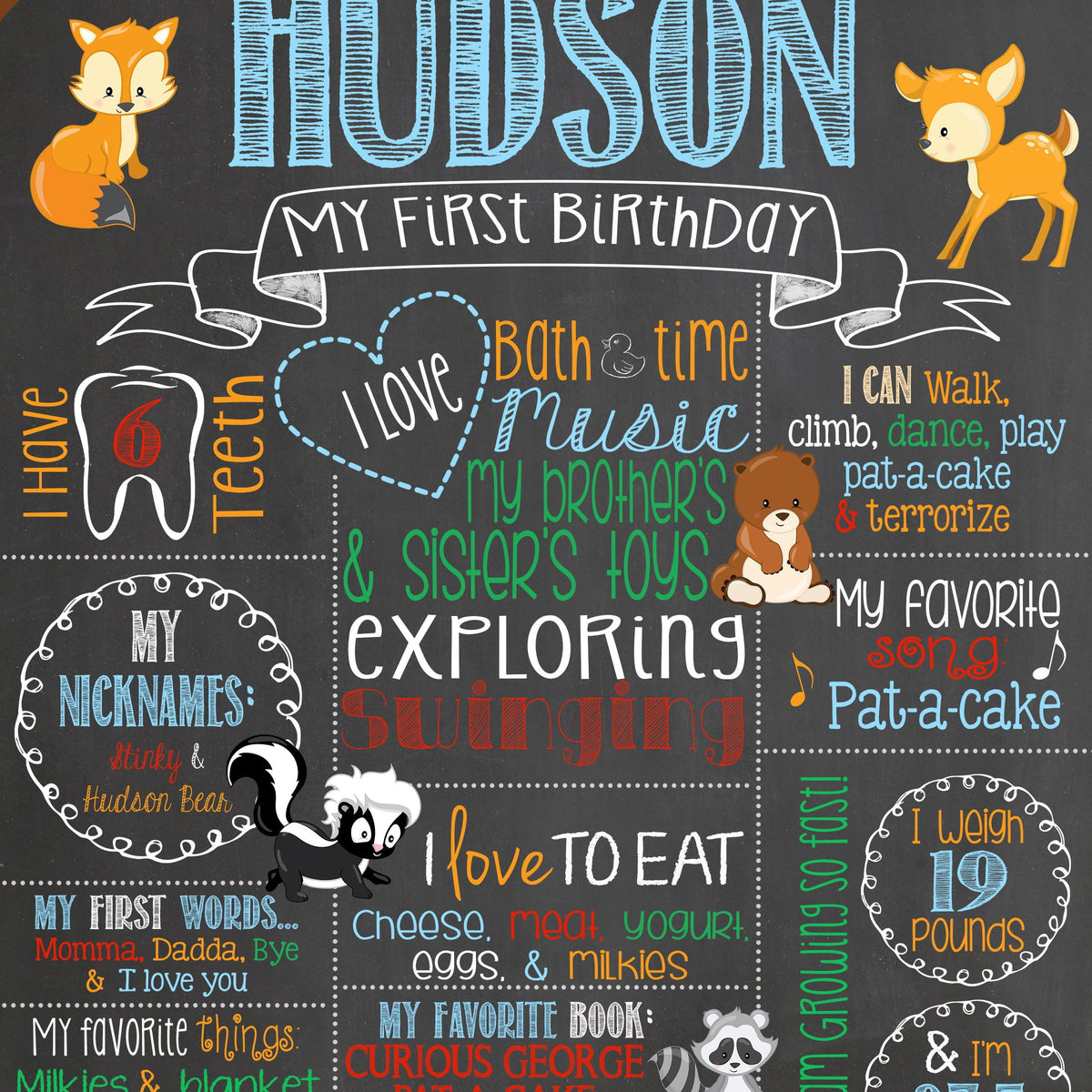 Woodland Animals Birthday Chalkboard, WOODLANDCHALK0520 – Bailey Bunch ...